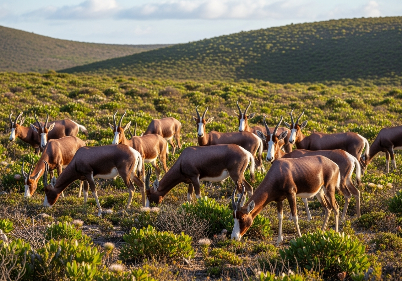 Bontebok herd grazing in natural fynbos habitat