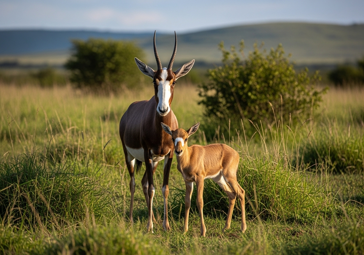 Bontebok mother with young calf in grassland